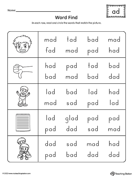 AD Word Family Word Find Worksheet MyTeachingStation